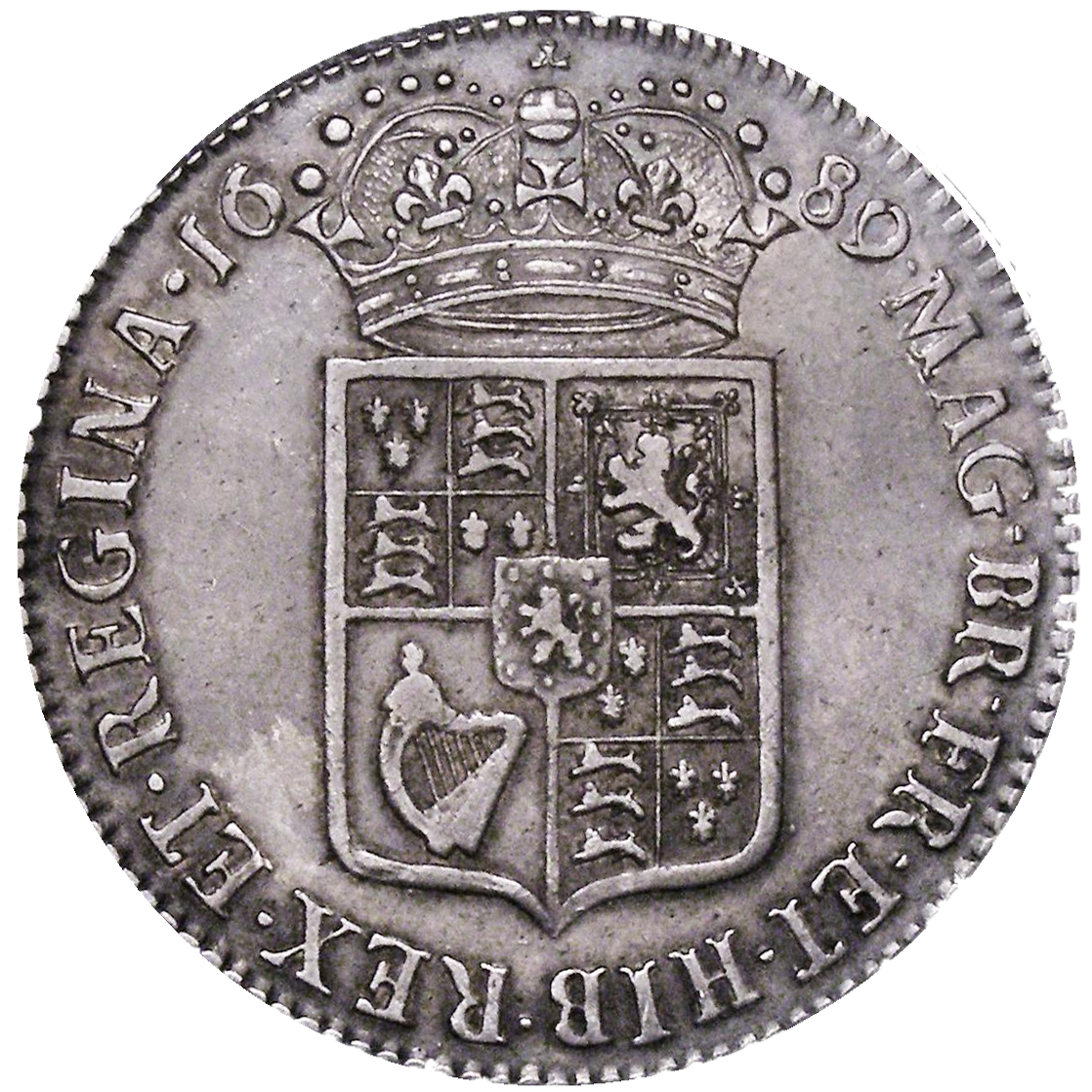 1689 King William & Queen Mary Halfcrown, First Shield, Caul only fros – Allgold Coins